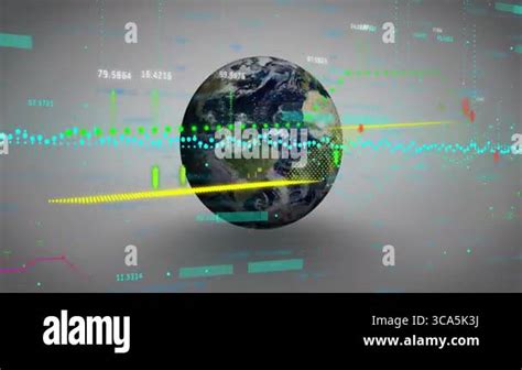 3d Rendered Earth Globe Rotating On Grey Dashboard Displaying Candlestick Bars And Dotted