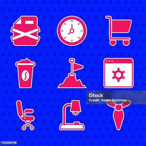 상단에 플래그가있는 산을 설정 테이블 램프 넥타이 브라우저 설정 사무실 의자 커피 컵 이동 쇼핑 카트 및 파일 문서 아이콘 삭제 벡터 가구에 대한 스톡 벡터 아트 및 기타