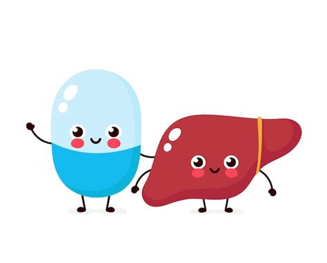 귀여운 강한 행복 웃는 알약과 간 문자 플랫 만화 일러스트 아이콘 디자인입니다 흰 배경에 고립 알약 캐릭터 컨셉 프리미엄 벡터