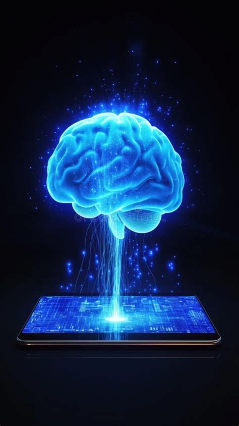 Digital Brain Concept Emerging From Tablet With Glowing Blue Neural