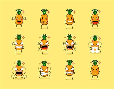 화난 표정으로 귀여운 파인애플 만화 캐릭터 세트 프리미엄 벡터