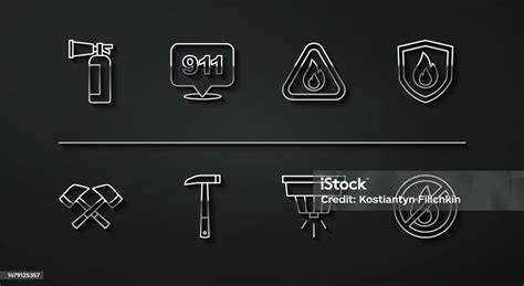 세트 라인 소화기 소방관 도끼 보호 방패 화재 경보 시스템 긴급 전화 911 화재 및 화염 삼각형 아이콘 벡터 감지기에 대한 스톡 벡터 아트 및 기타 이미지 Istock