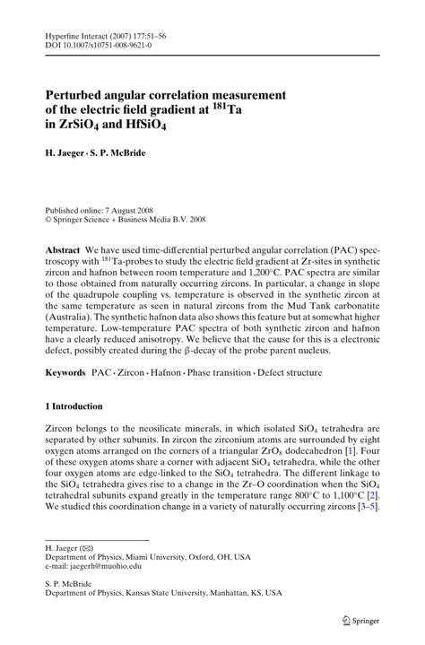 Pdf Measurement Of The Electric Field Gradient At 181ta In Zrsio4 And Hfsio4 Using Perturbed