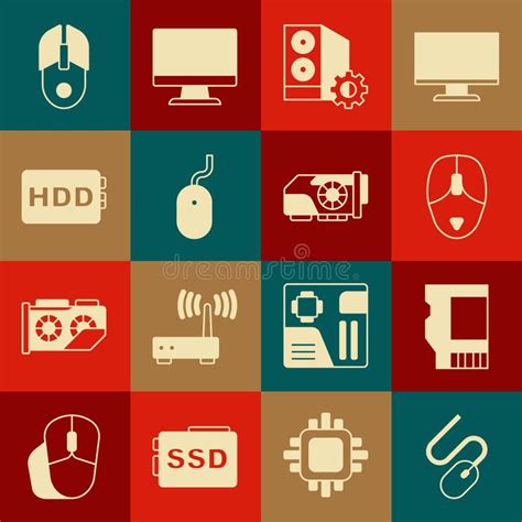 Set Computer Mouse Sd Card Case Of Computer Hard Disk Drive Hdd And Video Graphic Icon