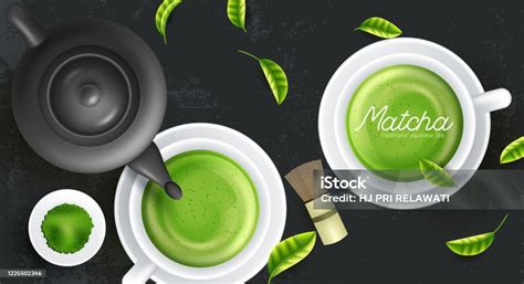 말차 녹차 라떼컵 회색 돌 배경입니다 맨 위 보기 벡터 일러스트레이션 라떼에 대한 스톡 벡터 아트 및 기타 이미지 라떼 마실 것 마카차 Istock