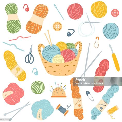 뜨개질 액세서리의 손으로 그린 세트 원사 핀 버튼 실 바늘 크로셰 뜨개질 스풀 핀쿠션 가위의 벡터 일러스트 레이 션 가위에 대한 스톡 벡터 아트 및 기타 이미지 Istock