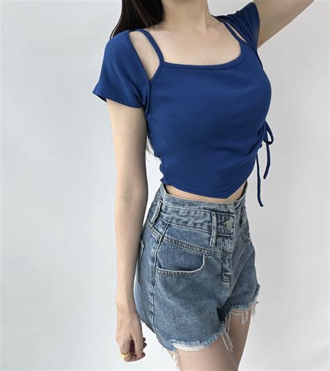 고고 흠뻑쇼 워터밤 옷 드레스코드 코디 크롭 이중 파란색 오프숄더 나시 볼레로 크롭 트임 셔링 스트링 트임 반팔 티셔츠 페스티벌룩 흠뻑쇼룩 워터밤룩 워터밤옷