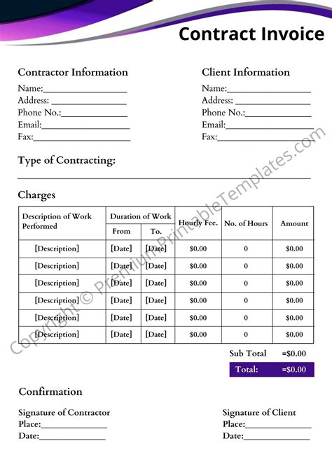 Contract Invoice Printable Template In PDF And Word Invoice Template Template Printable
