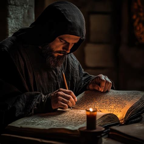Medieval Monk Illuminating A Manuscript Page Premium Ai Generated Image