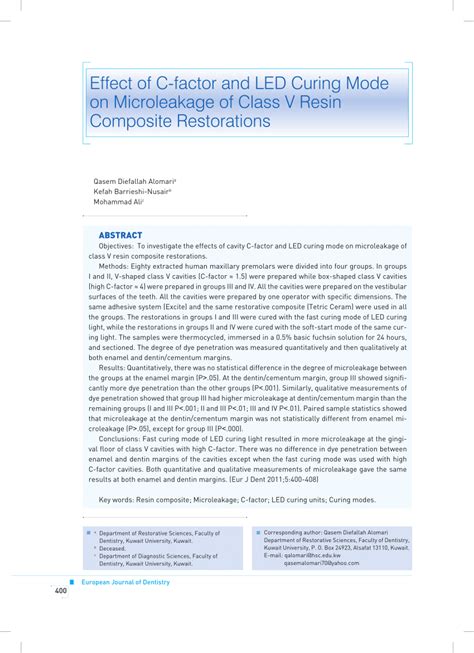 Pdf Effect Of C Factor And Led Curing Mode On Microleakage Of Class V Resin Composite Restorations