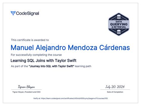 Course Certificate For Learning Sql Joins With Taylor Swift