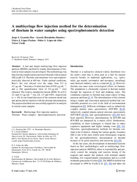 Pdf A Multisyringe Flow Injection Method For The Determination Of Thorium In Water Samples