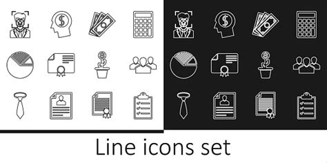 체크리스트 사용자 그룹 스택 지폐 현금 인증서 템플릿 파이 차트 인포 그래픽 얼굴 인식 달러 플랜트 냄비 및 사업가 계획 마인드 아이콘으로 라인 클립 보드를 설정합니다 벡터