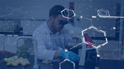 Animation Of Chemical Formulas Over Biracial Male Lab Worker Using Microscope Stock Footage