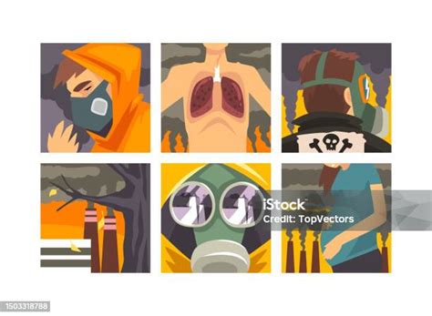 환경 오염 세트 대기 오염과 더러운 스모그로 고통받는 사람들 호흡기 질환 만화 벡터 위험에 대한 스톡 벡터 아트 및 기타 이미지 위험 질병 건강관리와 의술 Istock