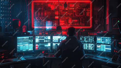 Cybersecurity Analysis With Multiple Monitors In A Dark Room Illuminated By Red And Blue Lights