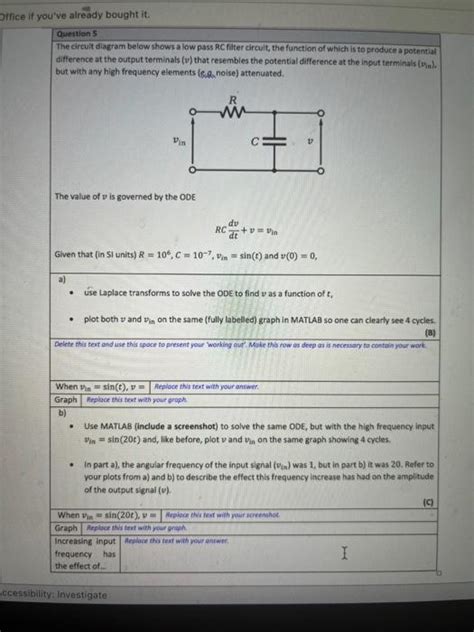 solved the circult diagram below shows a low pass rc filter