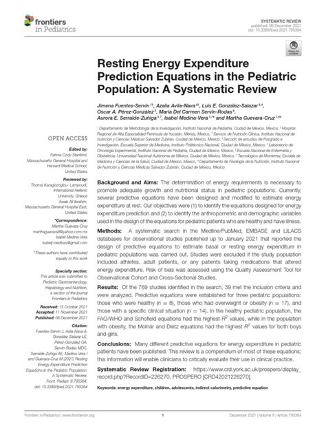 Resting Energy Expenditure Prediction Equations In The Pediatric Population Pdf