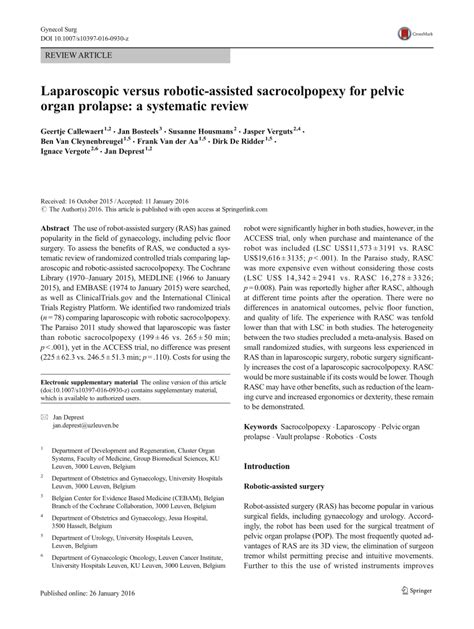 Pdf Laparoscopic Versus Robotic Assisted Sacrocolpopexy For Pelvic Organ Prolapse A