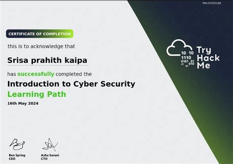Srisa Prahith Kaipa On Linkedin Cybersecurity Certification Tryhackme