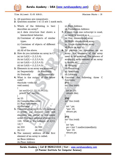 Data Structure Best Mcqs For Array Stack Dma Pdf Pointer Computer Programming Computer