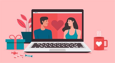온라인 데이트 개념 노트북 화면에 심장 모양귀여운 젊은 커플 2명에 대한 스톡 벡터 아트 및 기타 이미지 2명 가상현실 개념 Istock