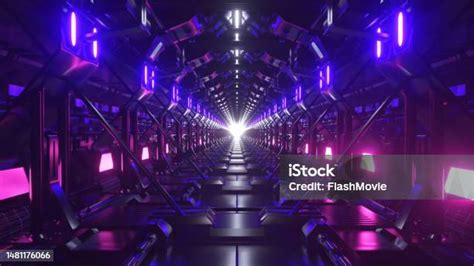 공상 과학 미래형 텅 빈 어두운 터널 배경 블루 퍼플 네온 불빛 자외선 3d 일러스트레이션 3차원 형태에 대한 스톡 사진 및 기타 이미지 Istock