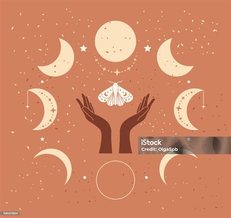 이국적인 로고 요소 인간의 선 손 나비 베이지색 배경에 격리된 브랜딩을 위한 간단한 스타일의 마법의 달 위상 예술이 있는 그려진 벡터 추상 스톡 플랫 그래픽 일러스트레이션