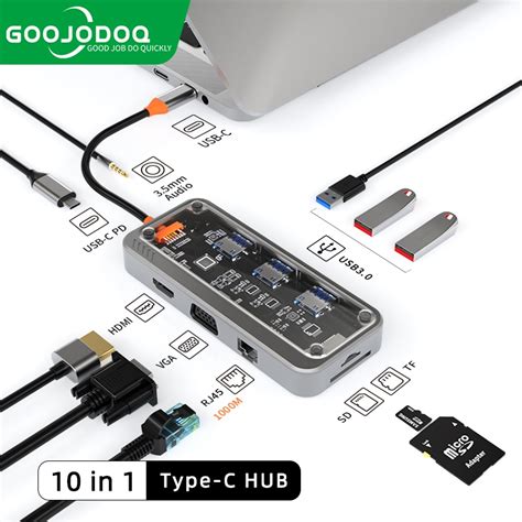 Goojodoq USB C HUB 10 8 6 5 In 1 Type C Transparent Laptop Docking Station To HDMI VGA Card