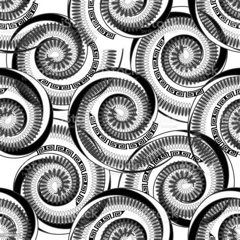 흑인과 백인 기하학적 줄무늬 나선형 모양 패턴 원활한 벡터 그리스 스타일 장식 흑백 배경입니다 고립 된 디자인입니다 추상 꽃 배경을 반복 합니다 그리스 키 조용히 장식 0