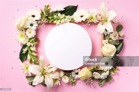 흰색 장미 백합 거 베라와 분홍색 배경 위에 동그라미 모양 종이 평면 누워 평면도 크리에이티브 레이아웃 복사 공간이 있는 봄 또는 여름 배너입니다 꽃 조성 물 0명에 대한