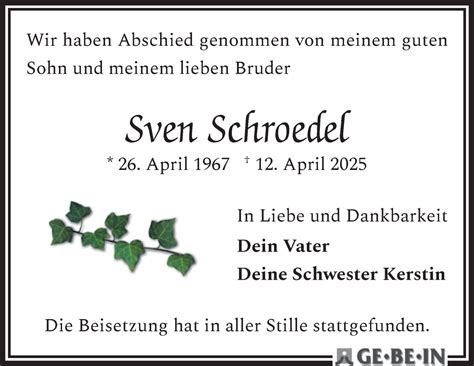 Traueranzeigen Von Sven Schroedel Trauer And Gedenken