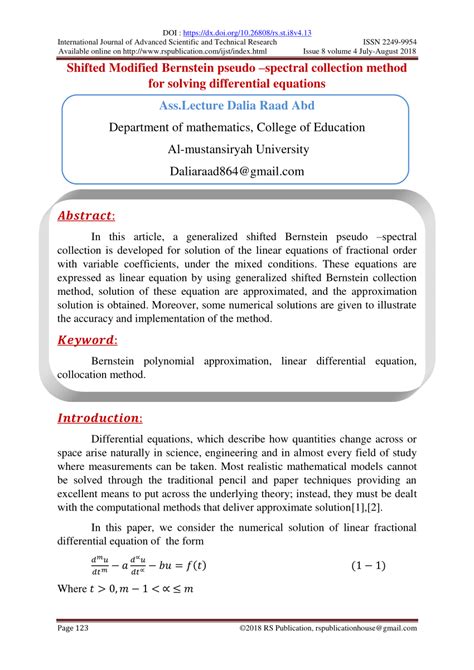Pdf Shifted Modified Bernstein Pseudo Spectral Collection Method For Solving Differential