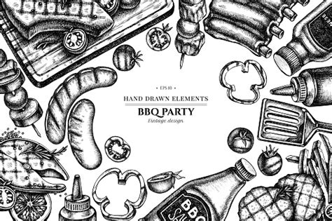 검은 색과 흰색 주걱 돼지 갈비 케밥 소시지 스테이크 소스 병 구운 햄버거 패티 구운 토마토 구운 연어 스테이크 구운 피망으로 디자인 갈비 음식에 대한 스톡 벡터 아트 및