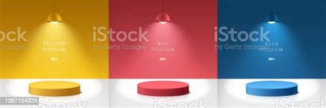 노란색 진한 파란색 및 빨간색의 현실적인 3d 실린더 받침대 연단이 매달려있는 추상적 인 객실에 네온 램프가 매달려 있습니다