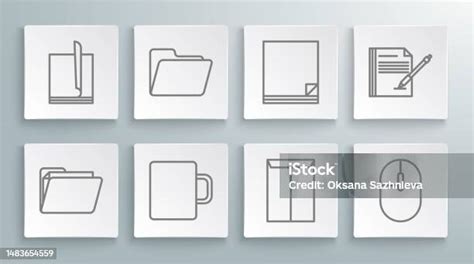 선 문서 폴더 커피 컵 봉투 컴퓨터 마우스 파일 문서 빈 전자 필기장 펜 및 아이콘을 설정합니다 벡터 데이터에 대한 스톡 벡터 아트 및 기타 이미지 Istock