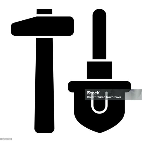 삽과 망치 단단한 아이콘입니다 농업 파기 하드웨어 정원 아이템 기호 흰색 배경에 상형 문자 스타일의 픽토그램 모바일 웹 디자인을 위한 구성 벡터 그래픽 가정용 장비에 대한