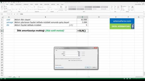 Excel Sln Funksiyası Sln Function Düzxətli Amortizasiya Metodu