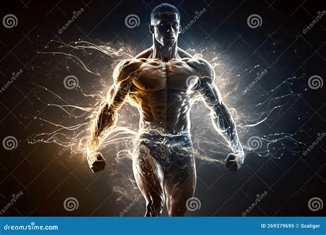 Strong Man In Lightning Flashes Athlete Silhouette With Energy Generative Ai Stock