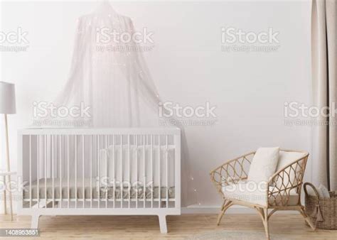 현대 어린이 방의 빈 흰색 벽 스칸디나비아 스타일로 인테리어를 모의하십시오 사진이나 포스터를 위한 공간을 복사합니다 침대 등나무 안락 의자 아이들을위한 아늑한 방 3d