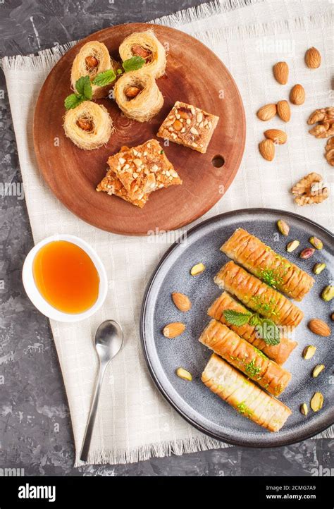 Set Of Various Traditional Arabic Sweets Baklava Kunafa Basbus In