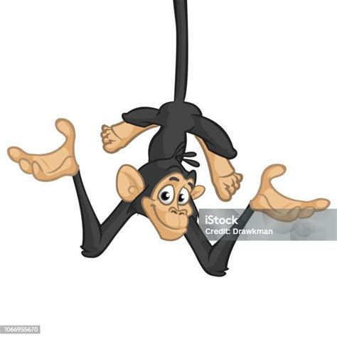 귀여운 원숭이 침팬지 나무 지점 평면 색상에 매달려 간체 재미 만화 스타일 디자인에서 벡터 일러스트 레이 션 갈색에 대한 스톡 벡터 아트 및 기타 이미지 Istock