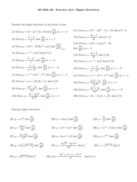 Exercises 12 Higherderivatives Pdf