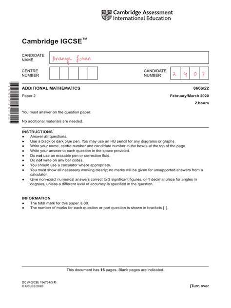 Cambridge Igcse Additional Mathematics 0606 22 Pdf Circle Mathematics