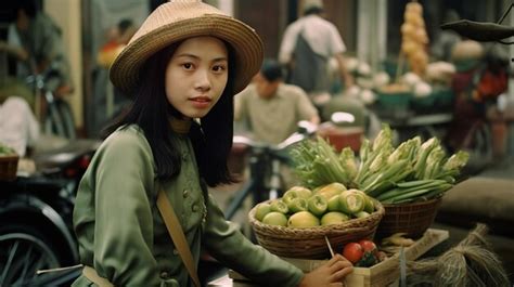 Premium Ai Image Vintage Asian Girl With Scooter At Market Wearing