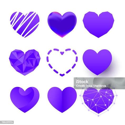 흰색 배경에 다각형 평면 종이 컷 컬러 하트의 벡터 로고 아이콘 세트 3차원 형태에 대한 스톡 벡터 아트 및 기타 이미지 3차원 형태 개념 기념일 Istock