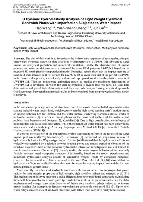 3d Dynamic Hydroelasticity Analysis Of Light Weight Pyramidal Sandwich Plates With Imperfection