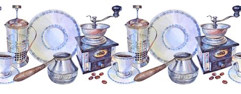 원활한 국경 수채화 오래된 커피 분쇄기 공장 아로마 음료 차 한 잔 흰색 배경에 고립 된 커피 콩을 위한 프렌치 프레스 카페인이 함유된 좋은 아침 음료 메뉴용 손으로 그린