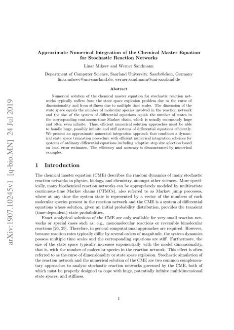 Pdf Approximate Numerical Integration Of The Chemical Master Equation For Stochastic Reaction