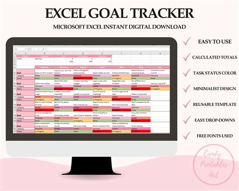 Goal Tracker Excel Template Monthly Progress Tracking Spreadsheet Smart Goals Planner Digital